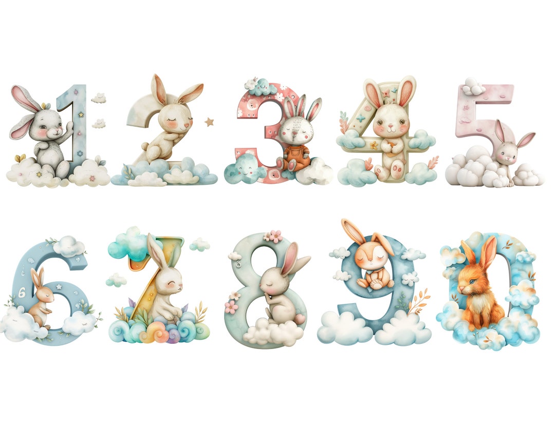 Watercolor Rabbit Numbers Clipart, PNG Individual Images on Transparent ...
