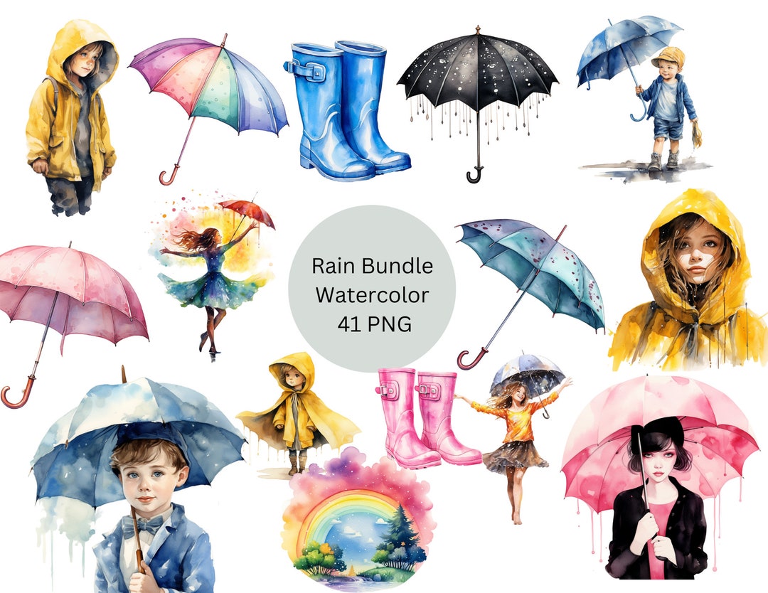 Watercolor Rain Bundle Clipart, PNG Individual Images on Transparent ...