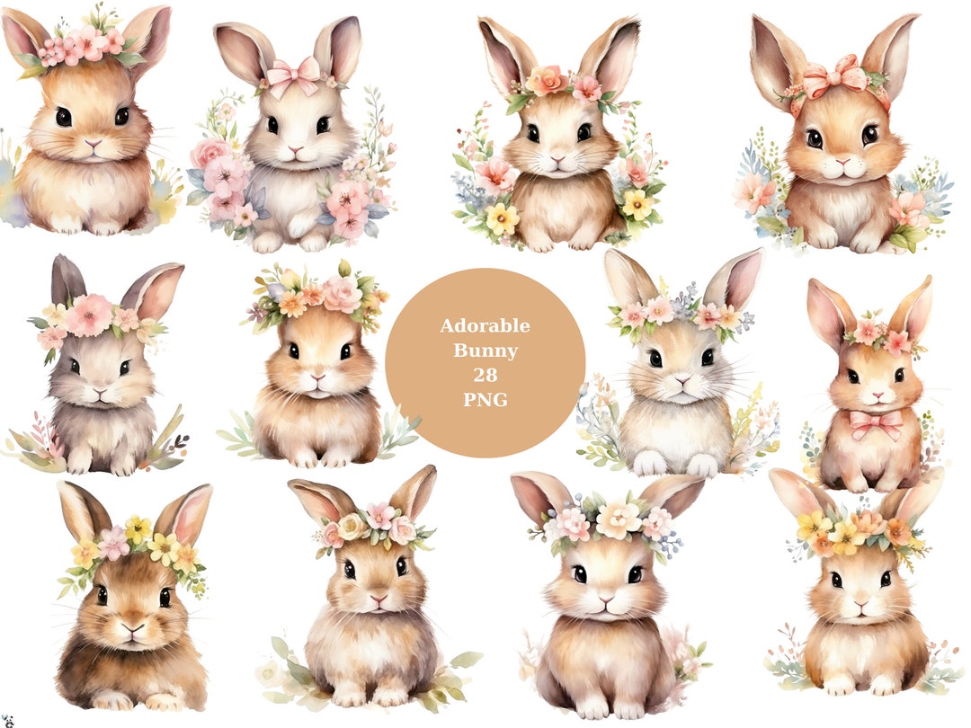 28 Adorable Bunnies Watercolor Clipart, Bunny Clipart, PNG Individual ...