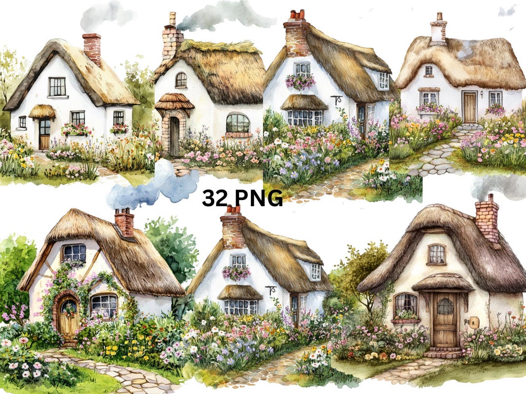 32 Cozy Cottages Watercolor Clipart, PNG Individual Images on ...