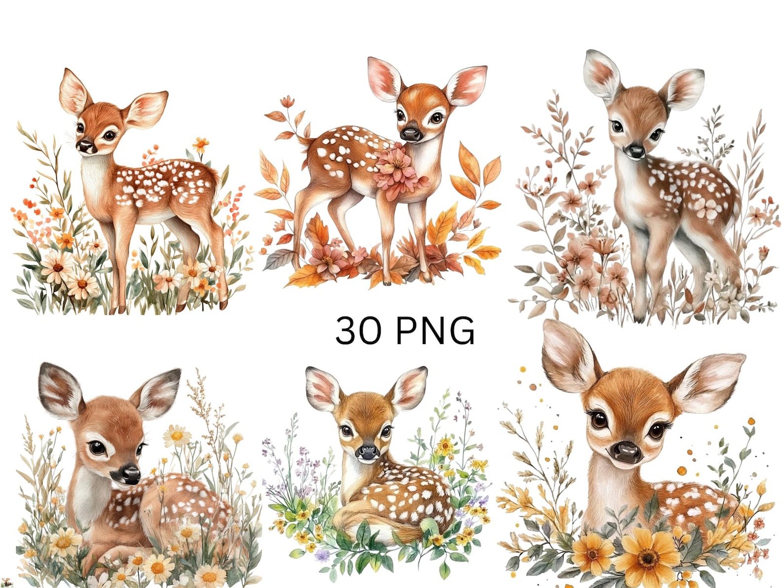 Adorable Woodland Fawn Clipart Set - 30 PNG Images of Baby Deer With ...