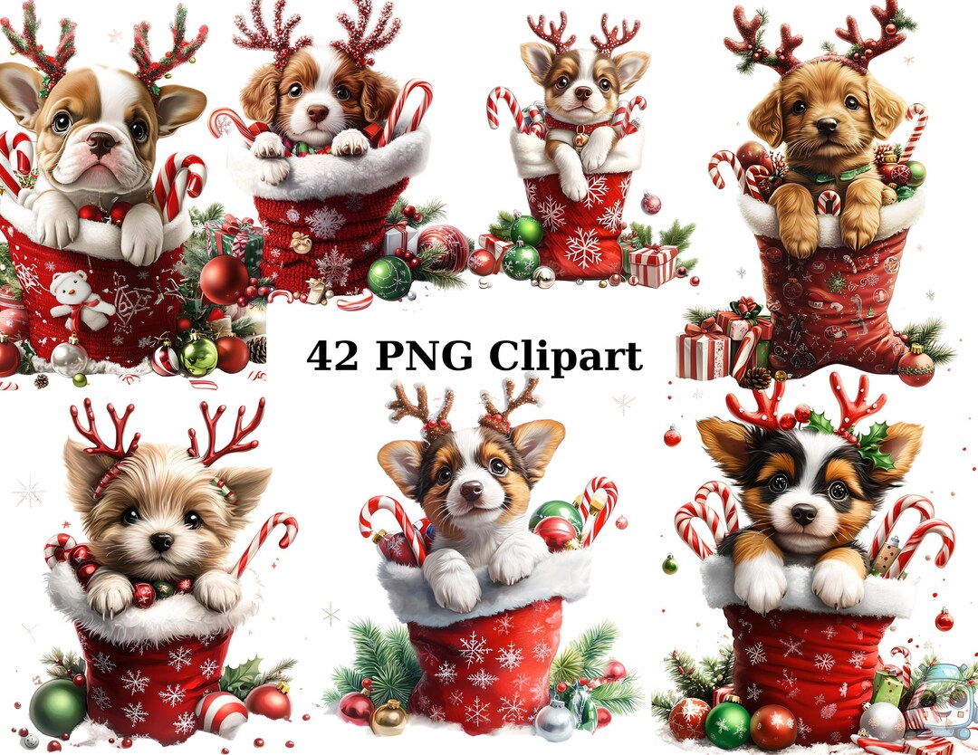 42 Christmas Puppies in Stockings Watercolor Clipart, Christmas Clipart ...