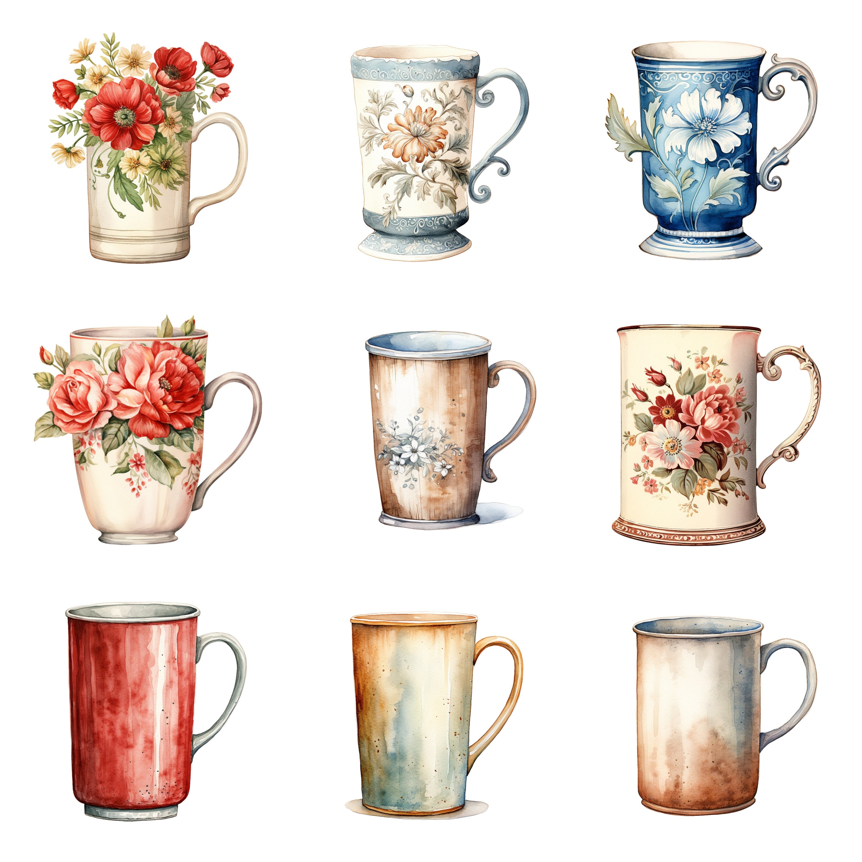 Watercolor Vintage Mugs Clipart PNG Digital Files on - Etsy