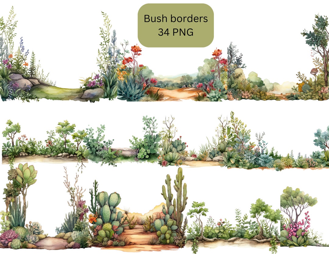 Watercolor Bush Borders Clipart, PNG Digital Files on Transparent ...