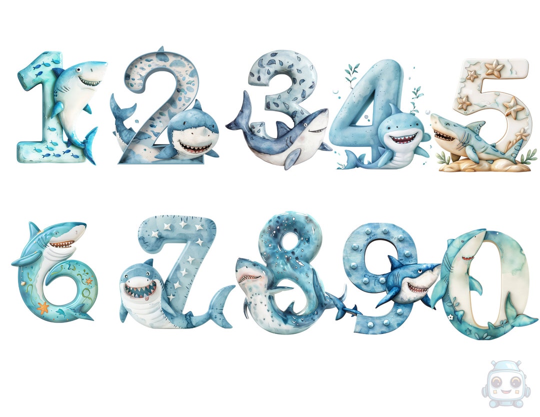 Watercolor Cute Shark Numbers Clipart, Shark Clipart, PNG Individual ...