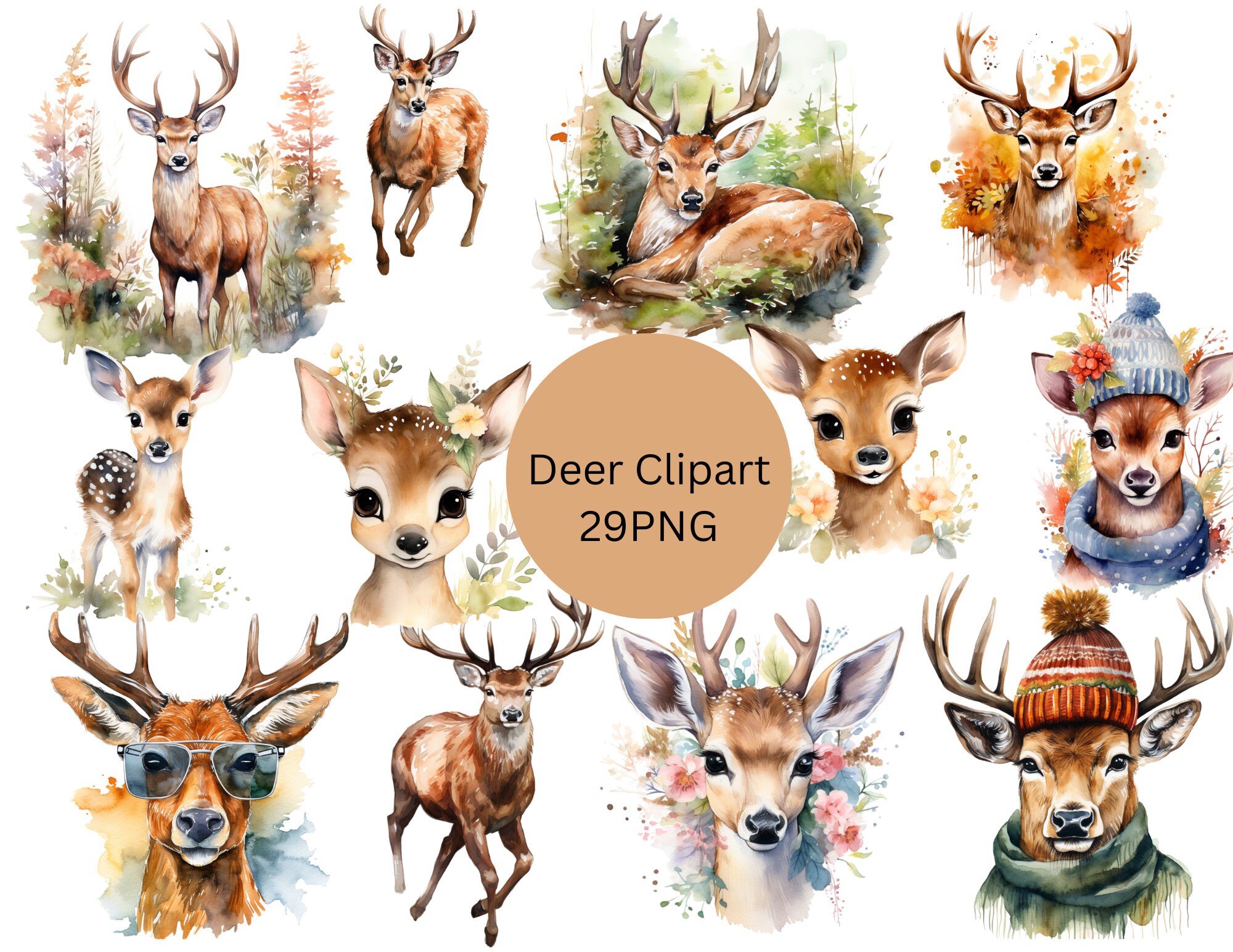 Watercolor Deer Clipart PNG Digital Files on Transparent - Etsy