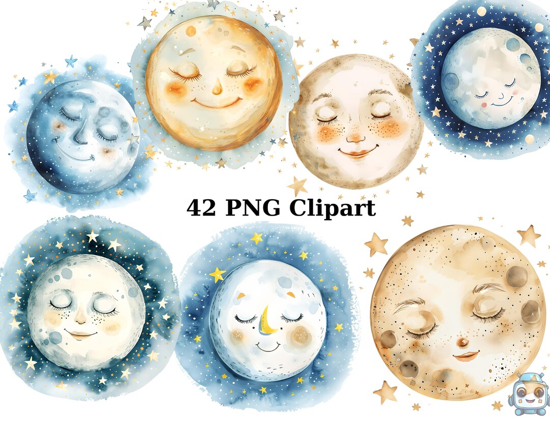 42 Whimsical Smiling Moons Watercolor Clipart, Whimsical Clipart, PNG ...