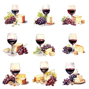 22 Red Wine and Cheese Watercolor Clipart, Food Clipart, PNG Individual ...