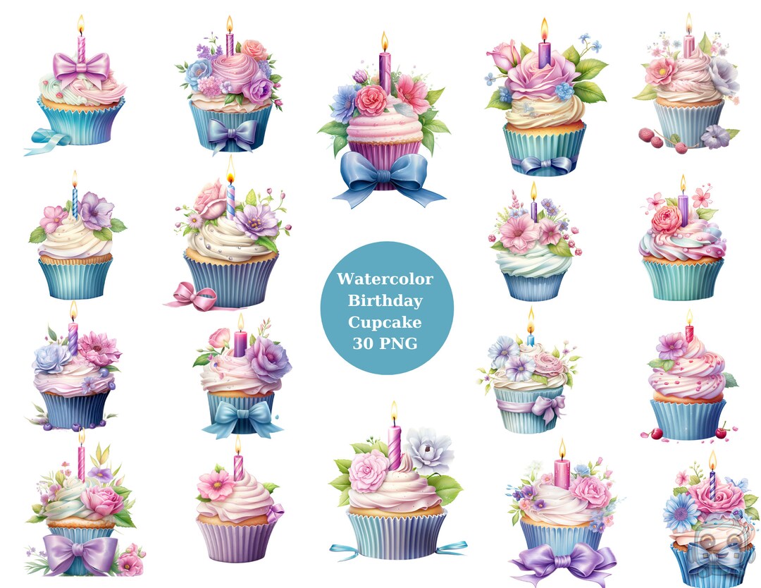 Watercolor Birthday Cupcake Clipart, Birthday, PNG Individual Images on ...