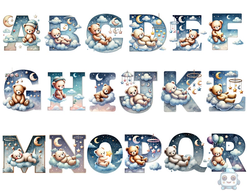 Sleeping Teddy Bear Alphabet, Letters Png, Alphabet Png, Instant ...