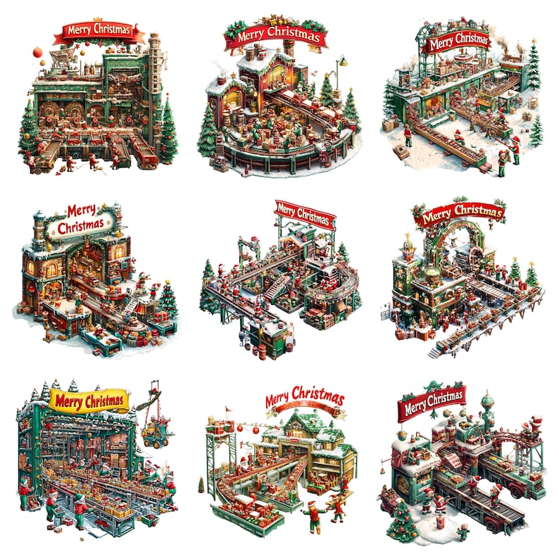 26 Santa's Toy Factory With Merry Christmas Sign Clipart, Christmas ...