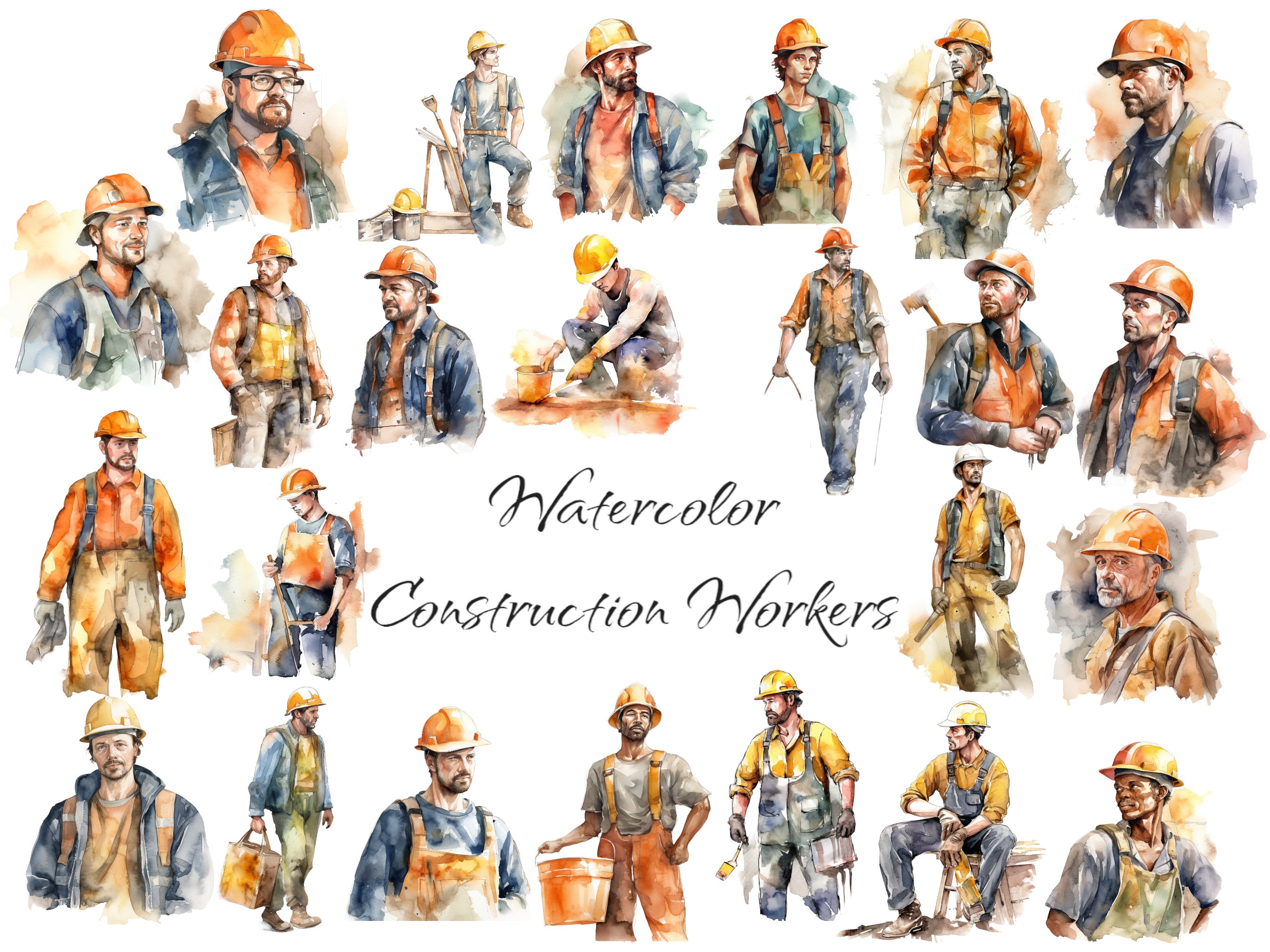 Watercolor Construction Workers Clipart PNG Digital Files on - Etsy