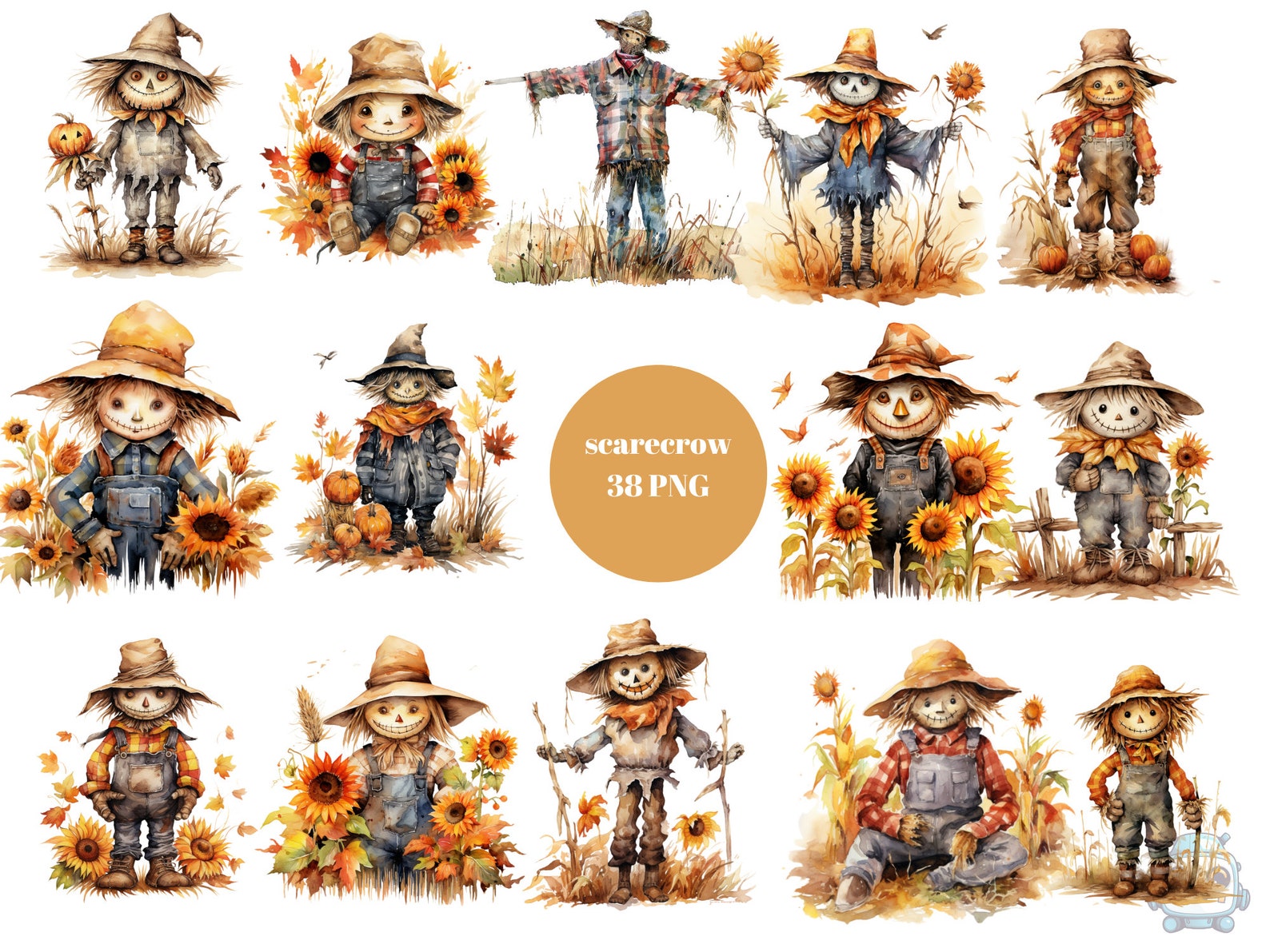 38 Scarecrow Watercolor Clipart, Halloween Clipart, PNG Digital Files ...