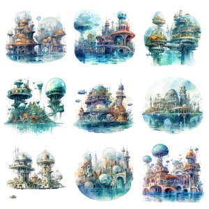 32 Underwater Cities Watercolor Clipart, Science Fiction Clipart, PNG ...