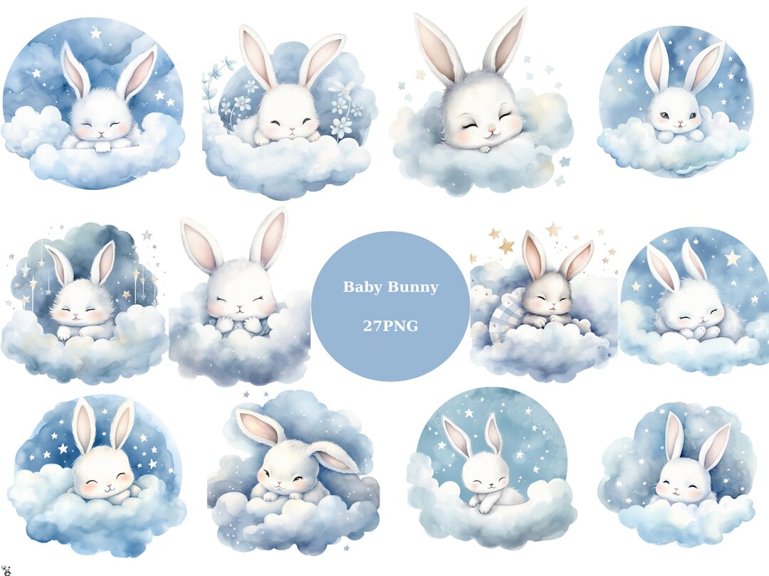 27 Bunnies on Cloud Watercolor Clipart, Bunny Clipart, Kids Clipart ...