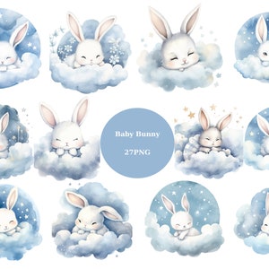 27 Bunnies on Cloud Watercolor Clipart, Bunny Clipart, Kids Clipart ...