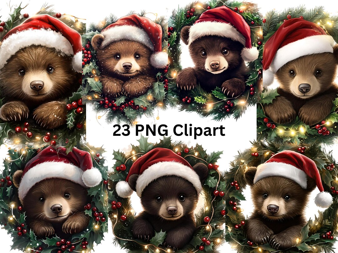 23 Santa Bears in Christmas Wreaths Watercolor Clipart, Christmas ...