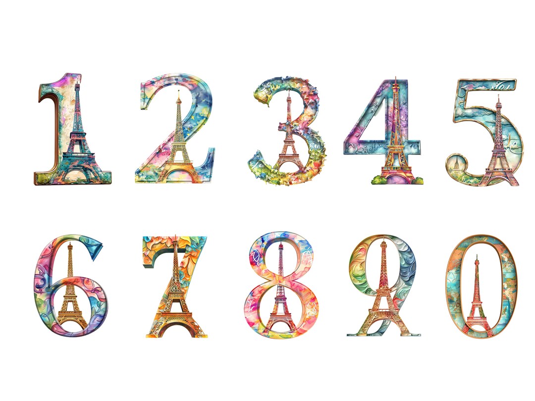 Watercolor Eiffel Tower Numbers Clipart, PNG Individual Images ...