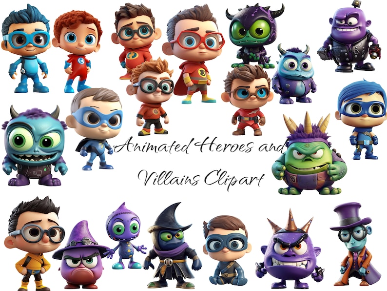 Animated Heroes and Villains Clipart PNG Digital Files on - Etsy
