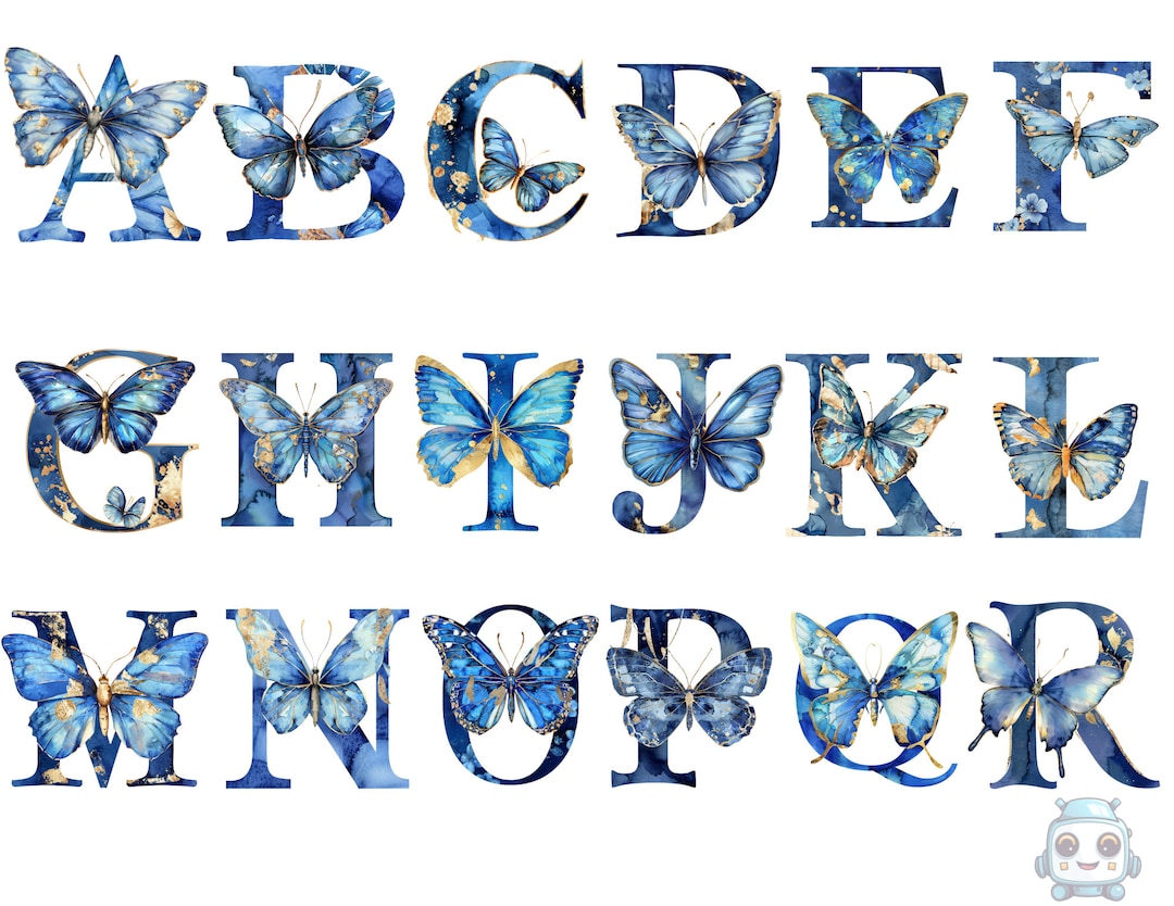 Watercolor Blue Butterflies Alphabet in PNG Format Instant Download for ...
