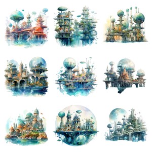 32 Underwater Cities Watercolor Clipart, Science Fiction Clipart, PNG ...