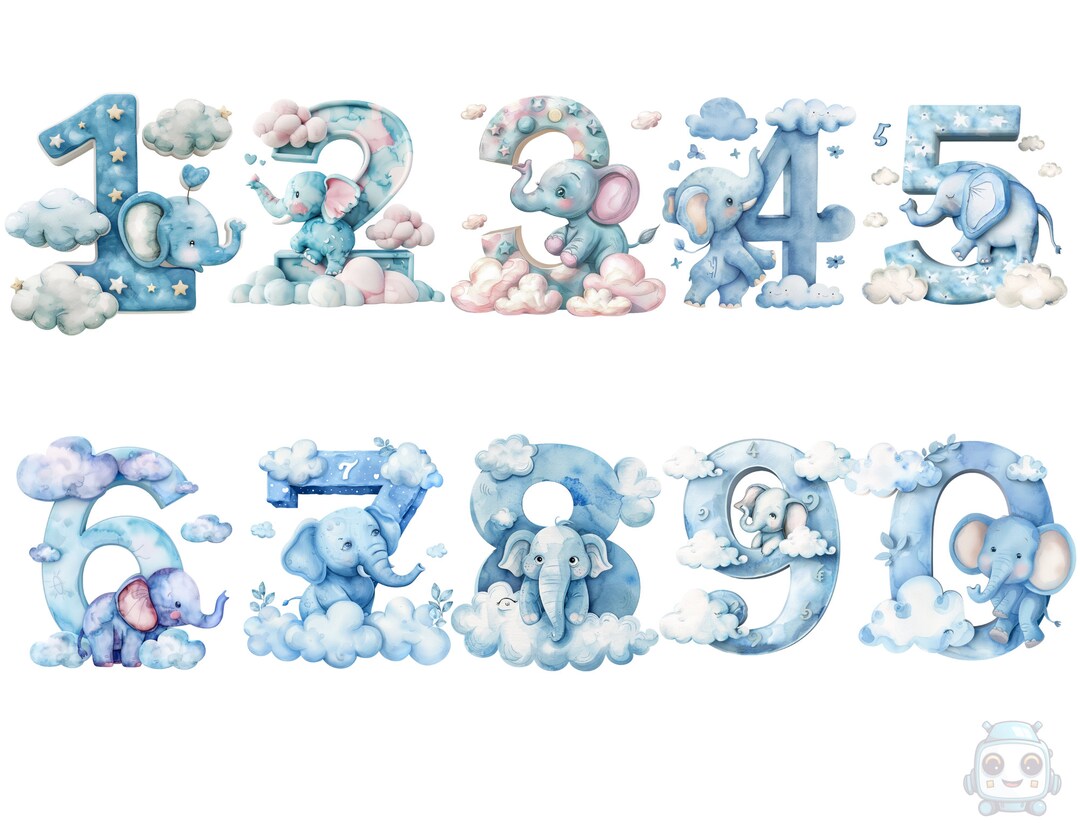 Watercolor Cute Elephant Numbers Clipart, PNG Individual Images ...