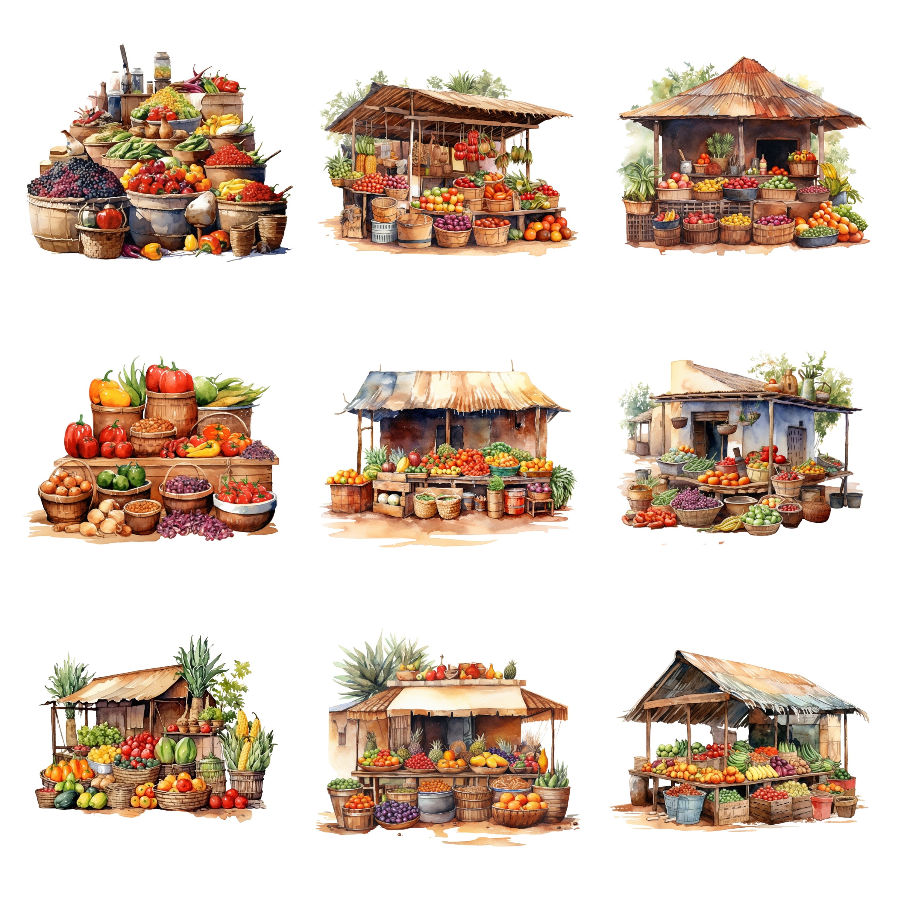 24 African Marketplaces Watercolor Clipart, Africa Clipart, PNG ...