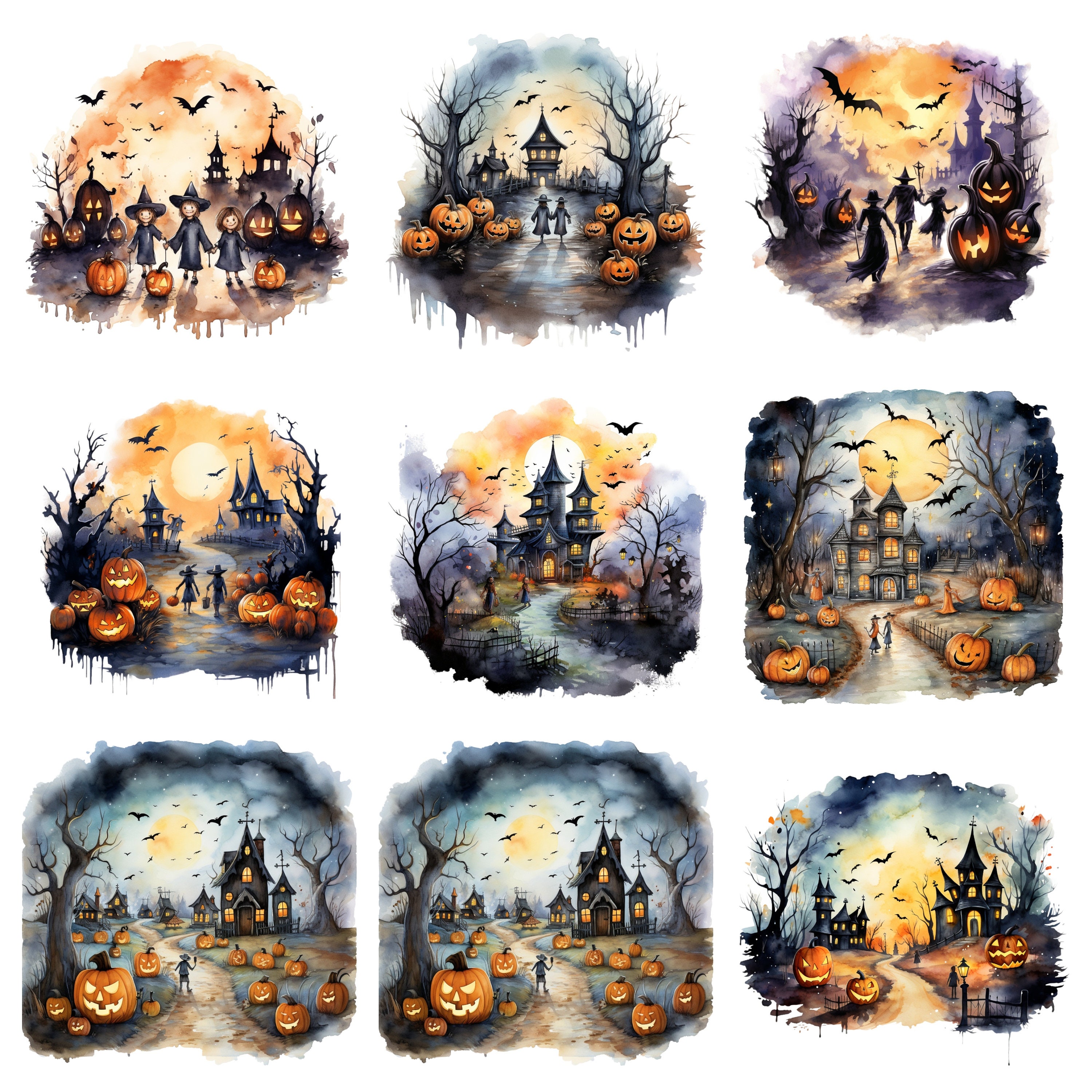 34 Halloween Night Watercolor Clipart, Halloween Clipart, PNG Digital Files on Transparent ...