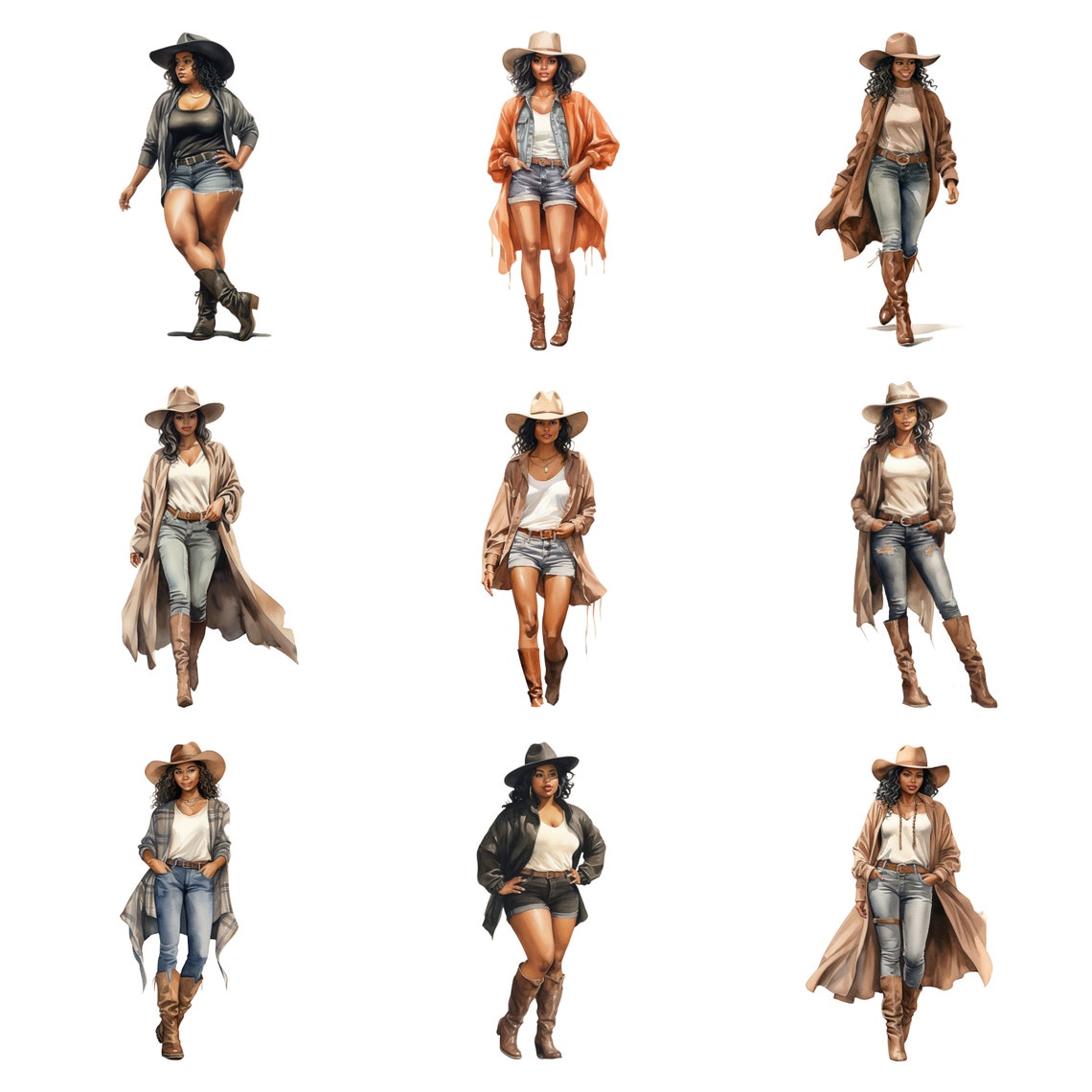 Watercolor 45 Black Cowboy Women Clipart, Women of Color Cowgirls, PNG ...