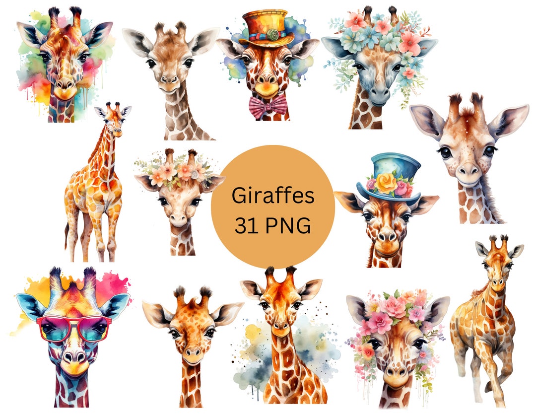 Watercolor Giraffes Clipart, PNG Digital Files on Transparent ...