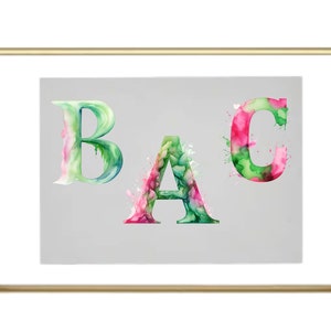 Pink and Green Alphabet Watercolor, Transparent Background, High ...