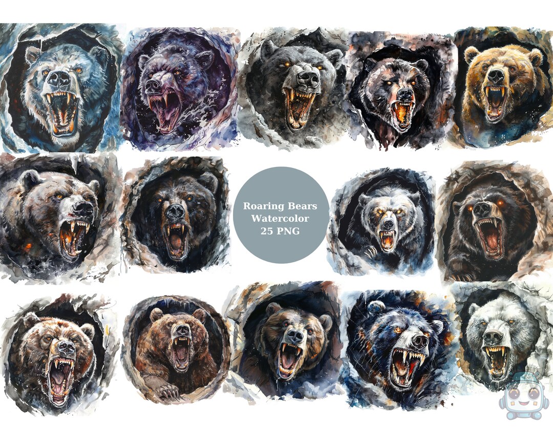 25 Roaring Bears Watercolor Clipart, Scary Bears in Cave, PNG Digital ...
