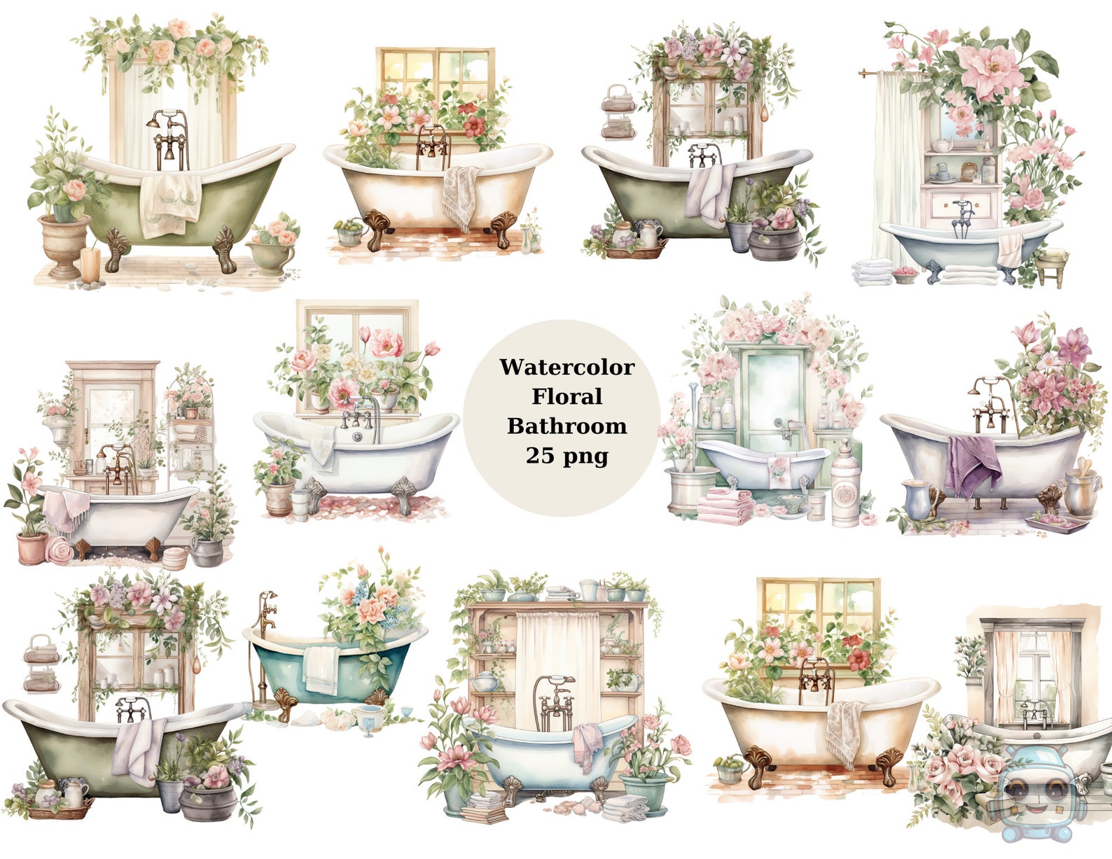 Watercolor Floral Bathroom Clipart, PNG Digital Files on a Transparent ...