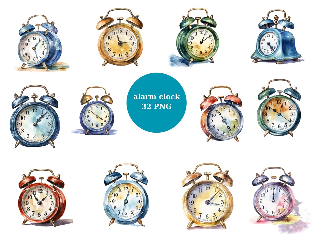 32 Alarm Clocks Watercolor Clipart, Items Clipart, PNG Individual ...