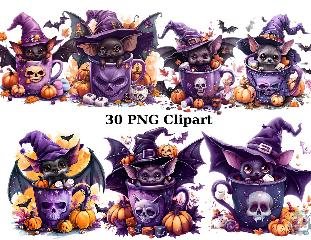 30 Bats in Mugs Watercolor Clipart, Halloween Clipart, PNG Individual ...