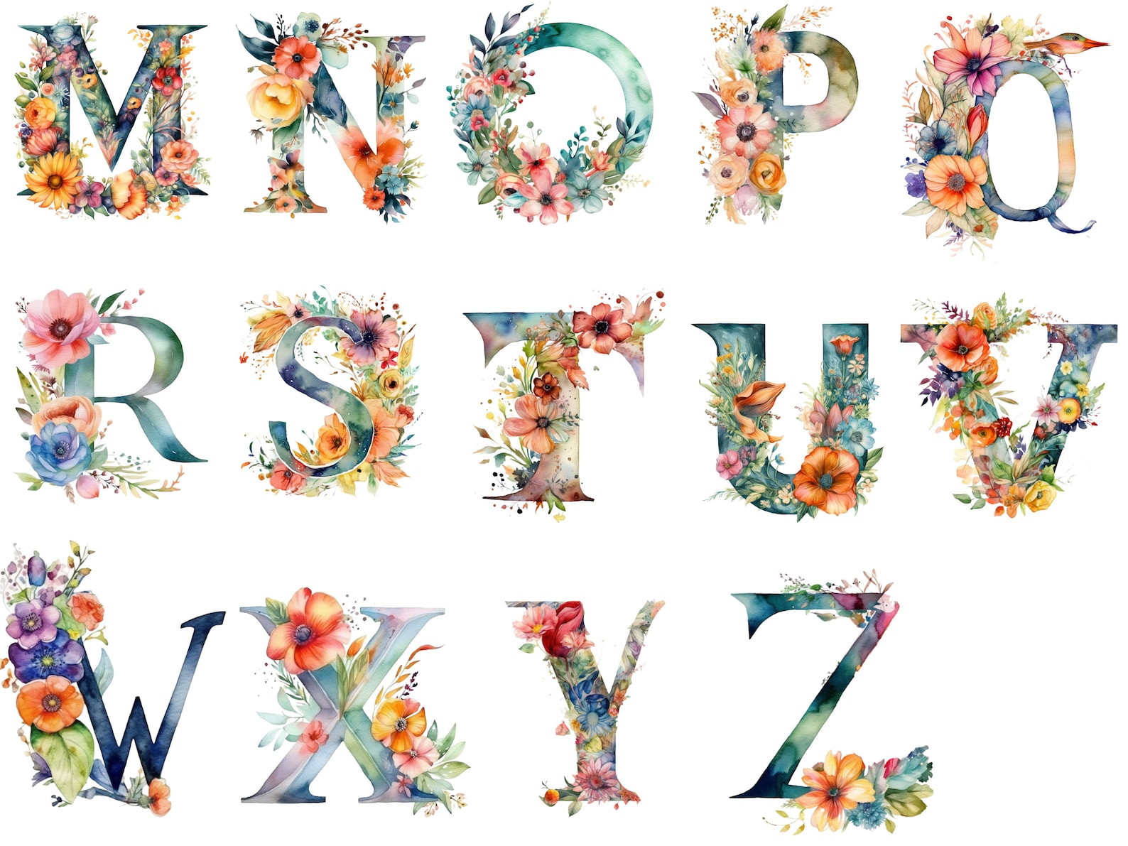 Watercolor Floral Alphabet Clipart Floral Alphabet - Etsy