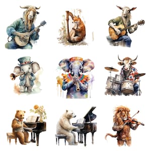 Watercolor Animals Playing Instruments Clipart, PNG Digital Files on ...