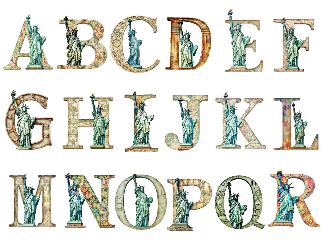 Watercolor Statue of Liberty Alphabet Clipart, PNG Individual Images ...