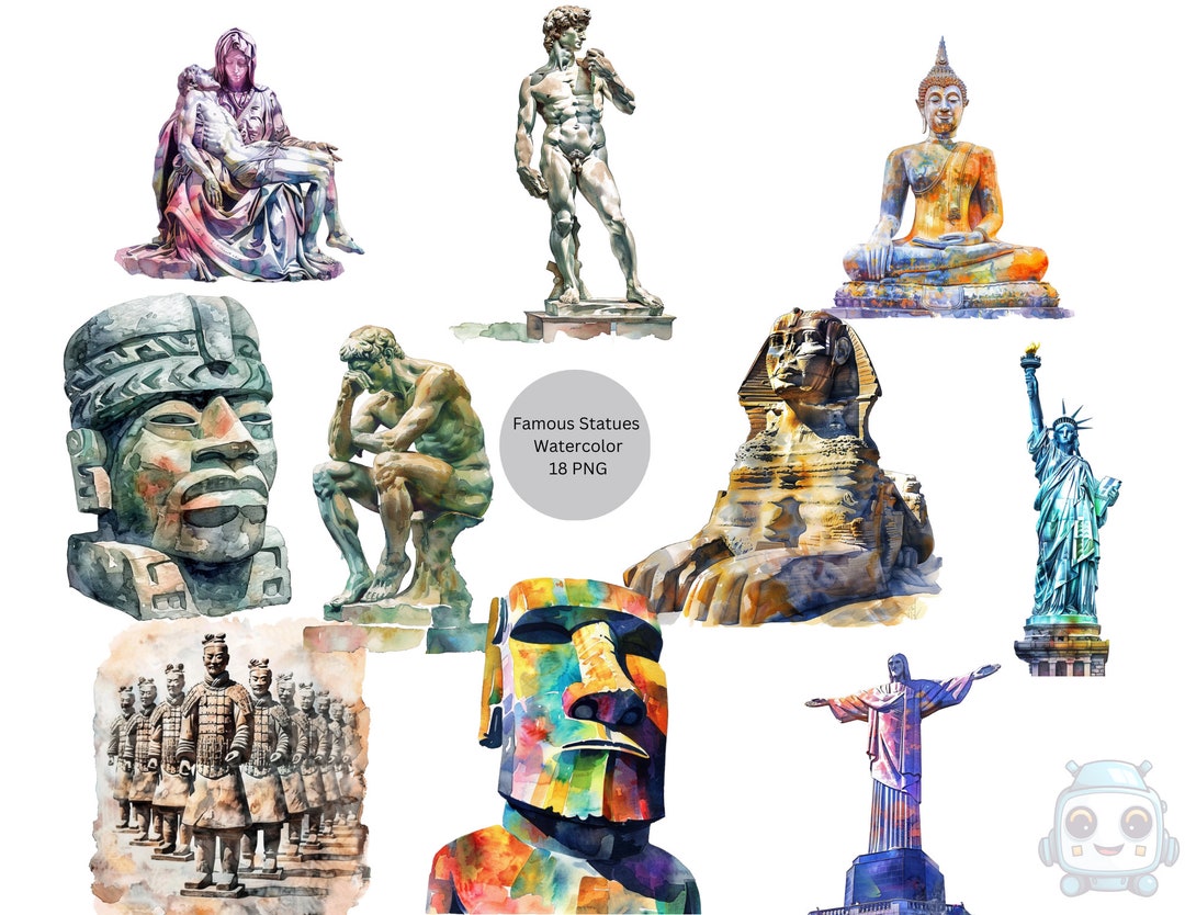 Watercolor Famous Statues Clipart, PNG Individual Images on Transparent ...