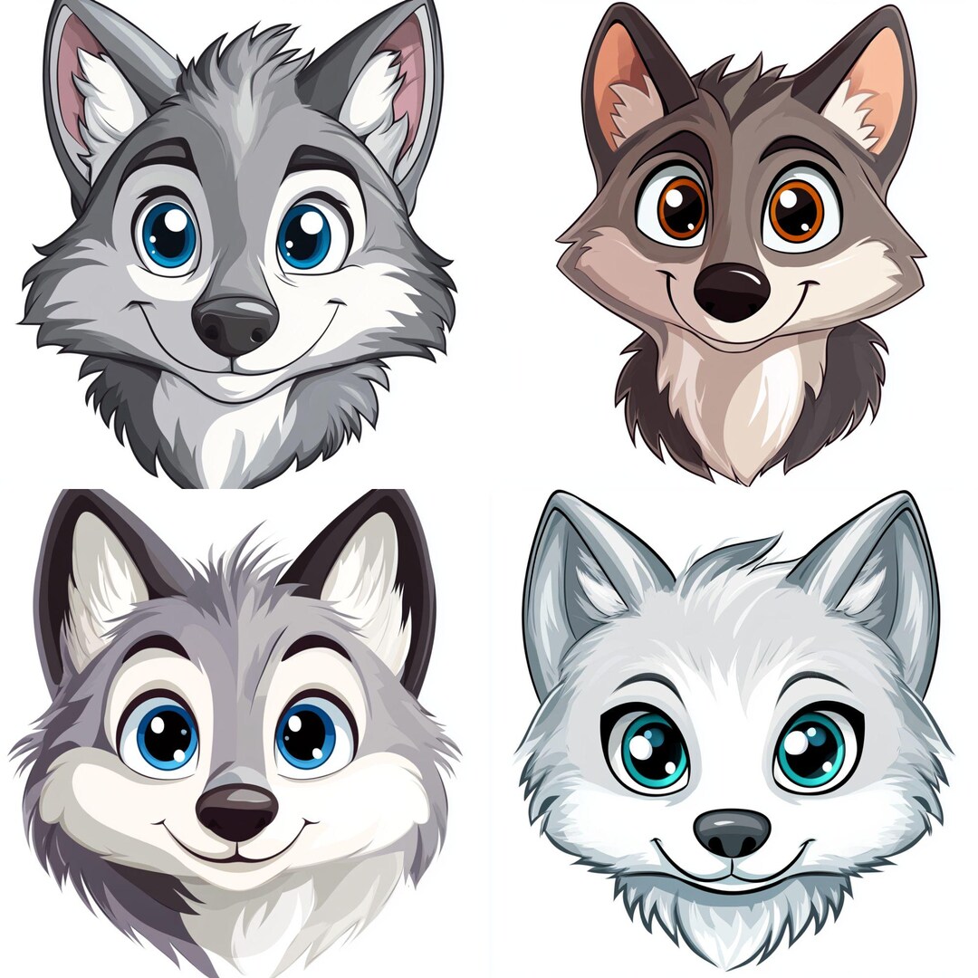 Cute Wolf Clipart Set – Cartoon Wolf Faces PNG, Baby Forest Animal ...