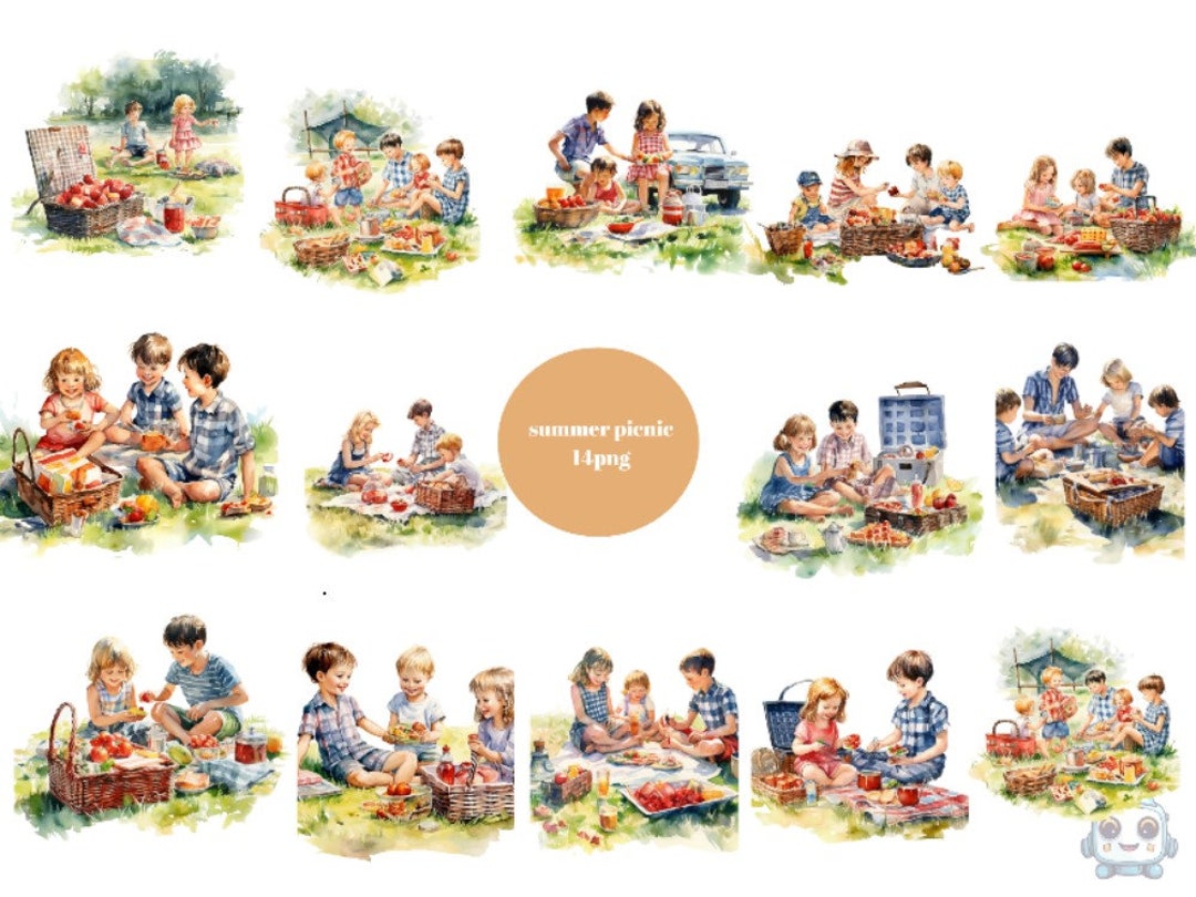 14 Summer Picnic Watercolor Clipart, Summer Clipart, PNG Digital Files ...