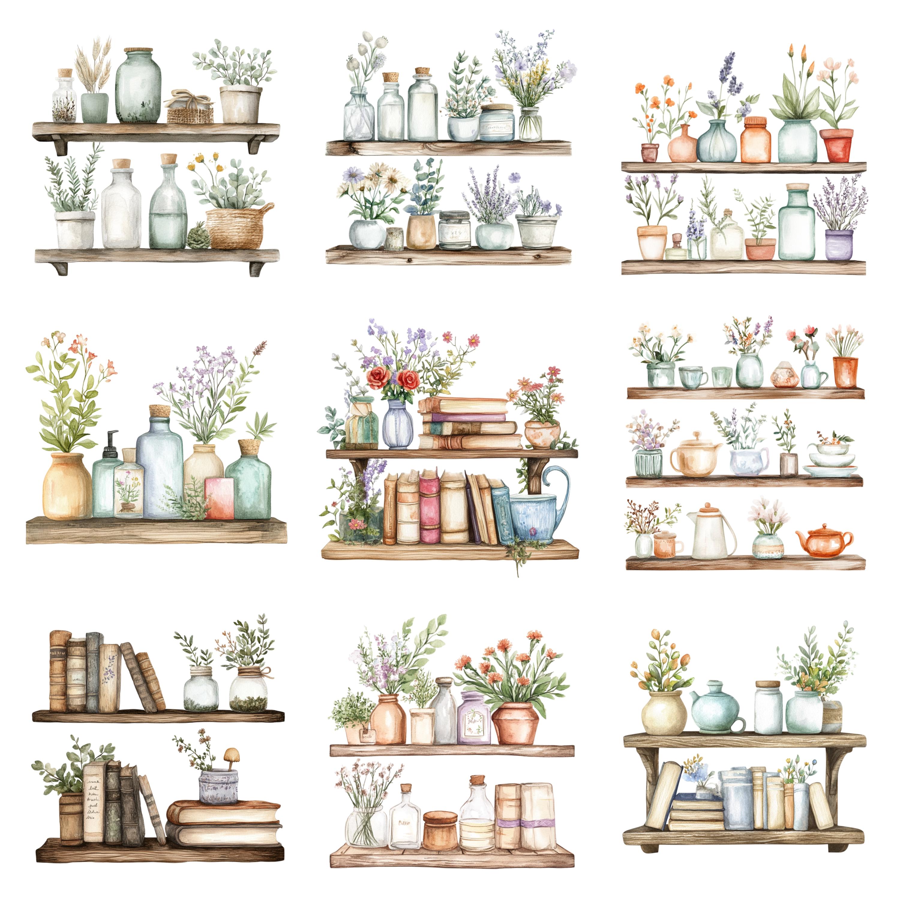 42 Cottagecore Shelf Watercolor Clipart, PNG Digital Files on ...