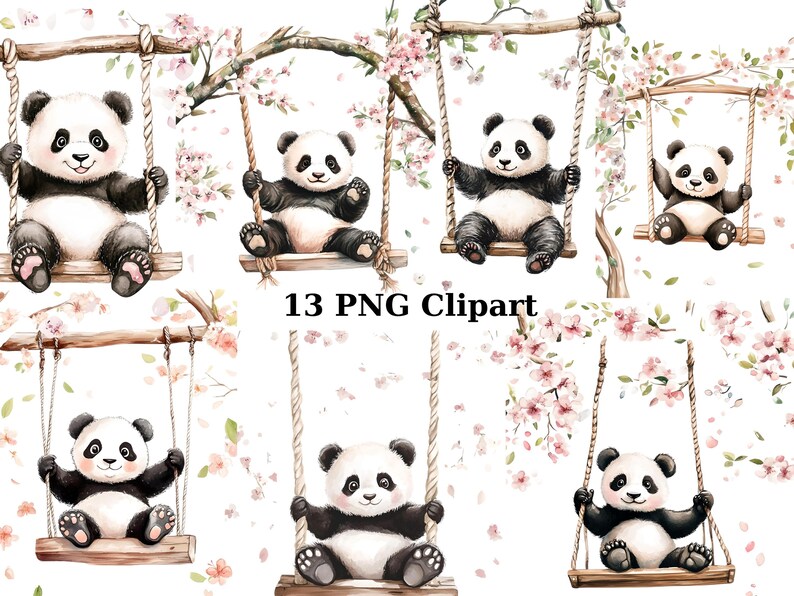 13 Baby Pandas in Swing Watercolor Clipart, Animals Clipart, PNG ...