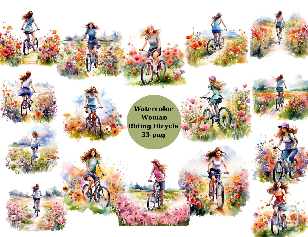 Watercolor Woman Riding Bicycle Clipart, PNG Individual Images on ...