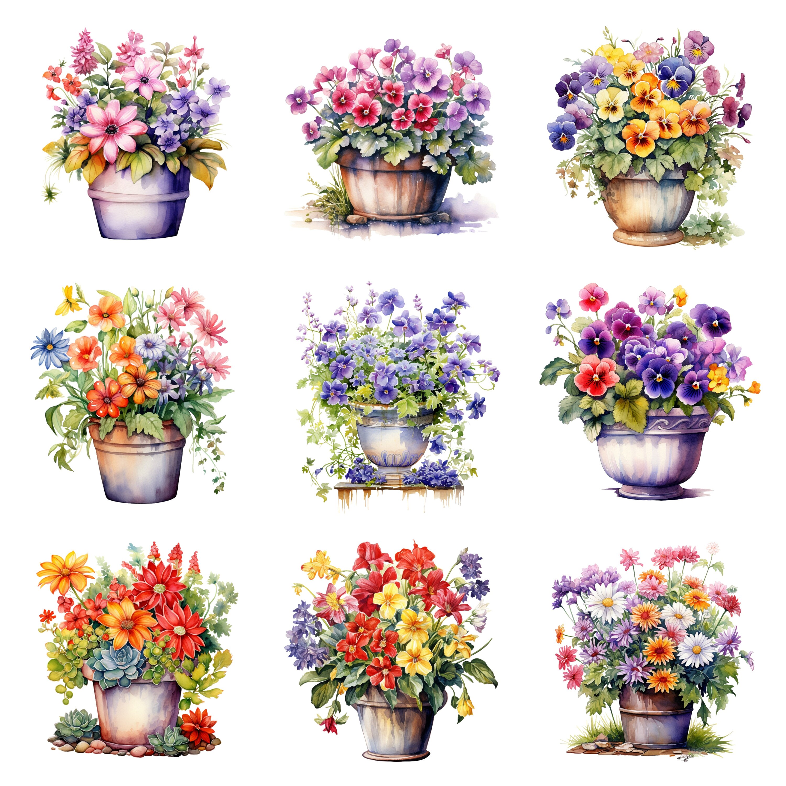 Watercolor Flowers in Pots Clipart PNG Digital Files on - Etsy