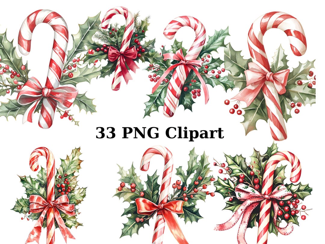 33 Festive Candy Canes Watercolor Clipart, Christmas Clipart, PNG ...