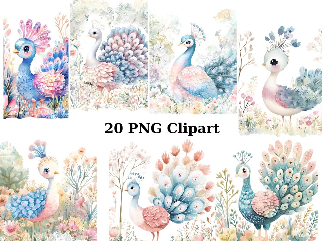 20 Pastel Peacocks Watercolor Clipart, Animals Clipart, PNG Individual ...
