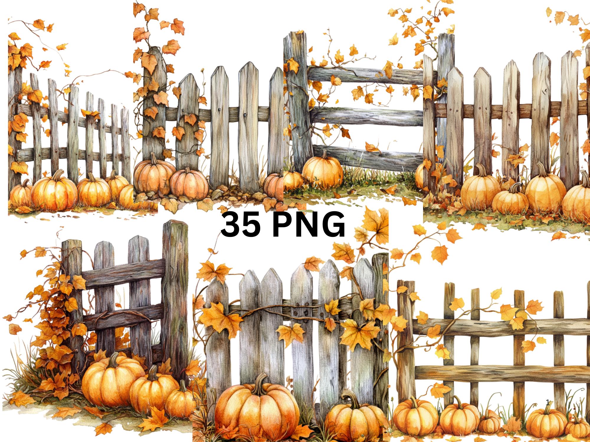 35 Fall Fence Watercolor Clipart, PNG Individual Images on Transparent ...