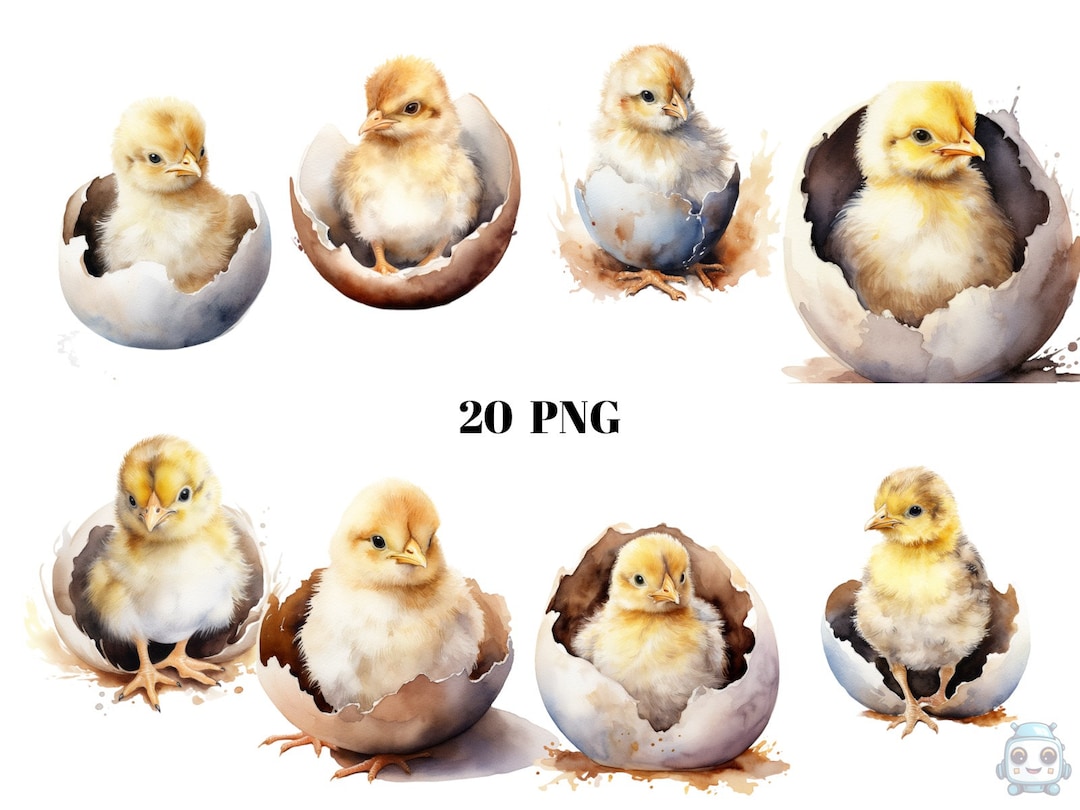 20 Baby Chick Hatching Watercolor Clipart, Bird Clipart, PNG Digital ...