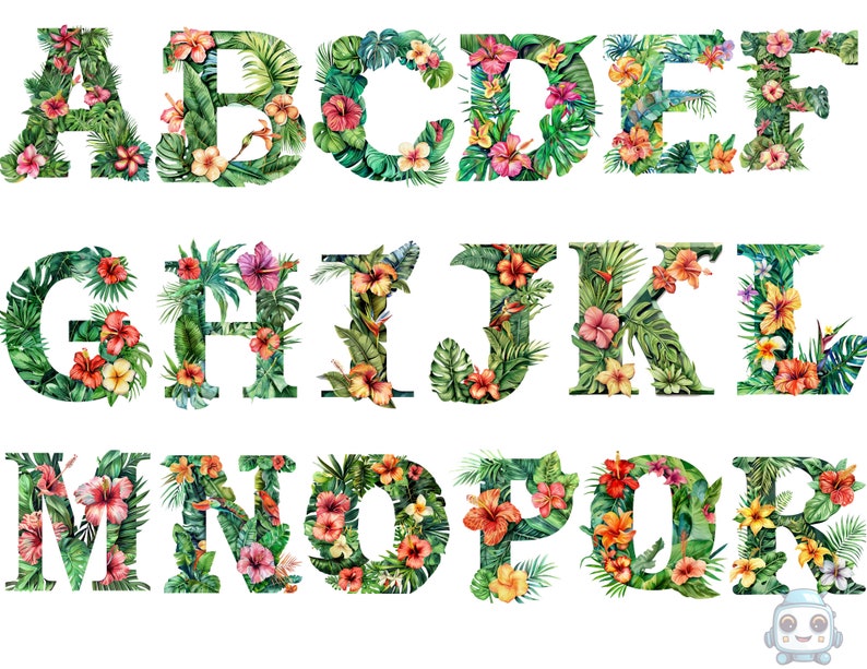 Watercolor Floral Leaves Tropical Alphabet in PNG Format Instant ...